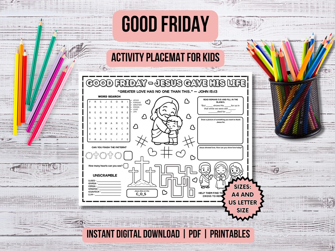 Good Friday Activity Placemat for Kids, Jesus Gave His Life Bible ...