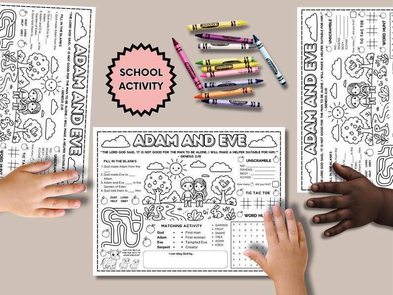 Adam and Eve Activity Placemat Bible Coloring Worksheet for Kids Church ...