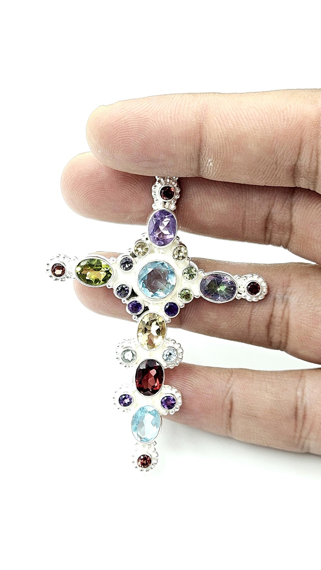 Sterling Silver Multi Gemstone Cross Pendant: Religious Jewelry - Etsy