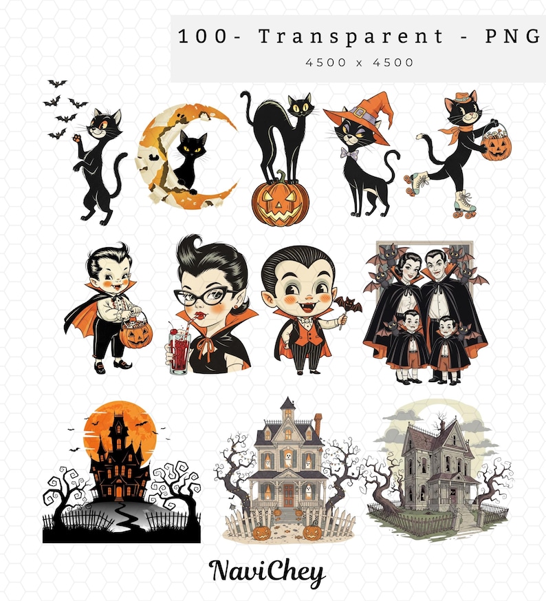 Vintage Halloween Clipart Bundle – 100 PNG Retro Ghosts, Witches ...