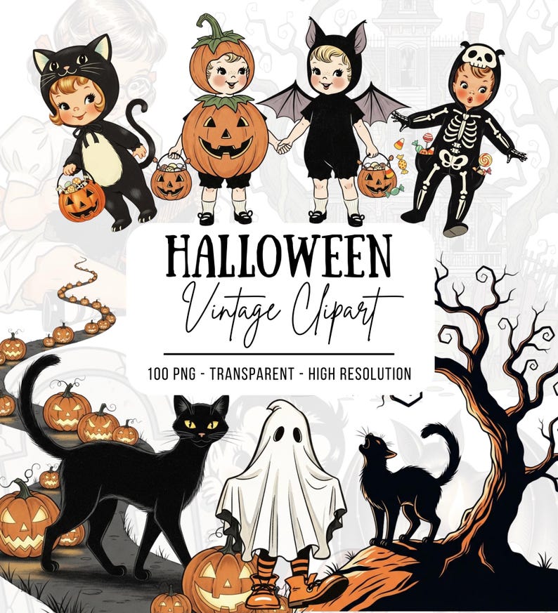 Vintage Halloween Clipart Bundle – 100 PNG Retro Ghosts, Witches ...