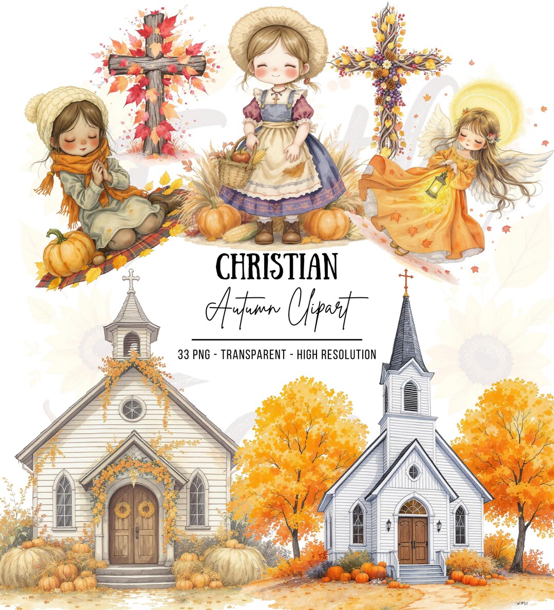 Christian Autumn Clipart – Fall Church, Bible, Cross & Angel PNG Set - Etsy