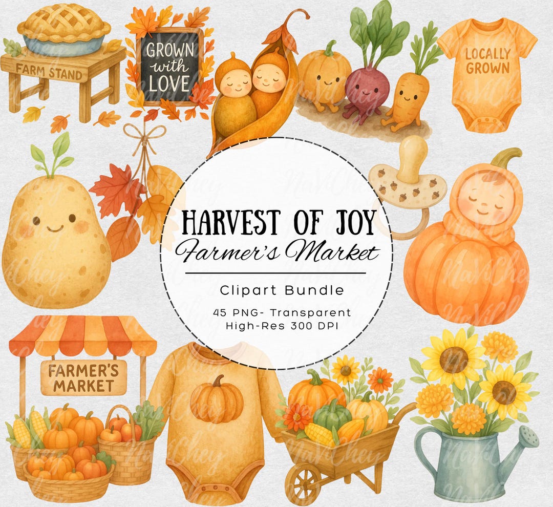 Farmers Market Clipart Bundle – Fall Harvest Vegetables & Pumpkin PNG ...
