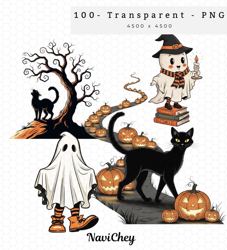 Vintage Halloween Clipart Bundle – 100 PNG Retro Ghosts, Witches ...