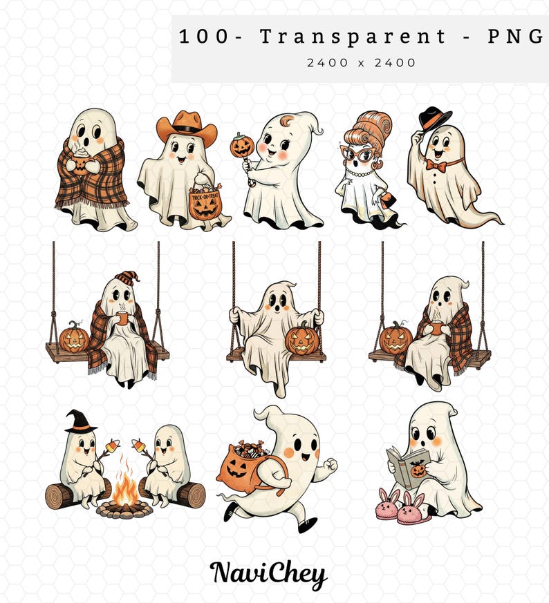 Vintage Halloween Clipart Bundle – 100 PNG Retro Ghosts, Witches ...