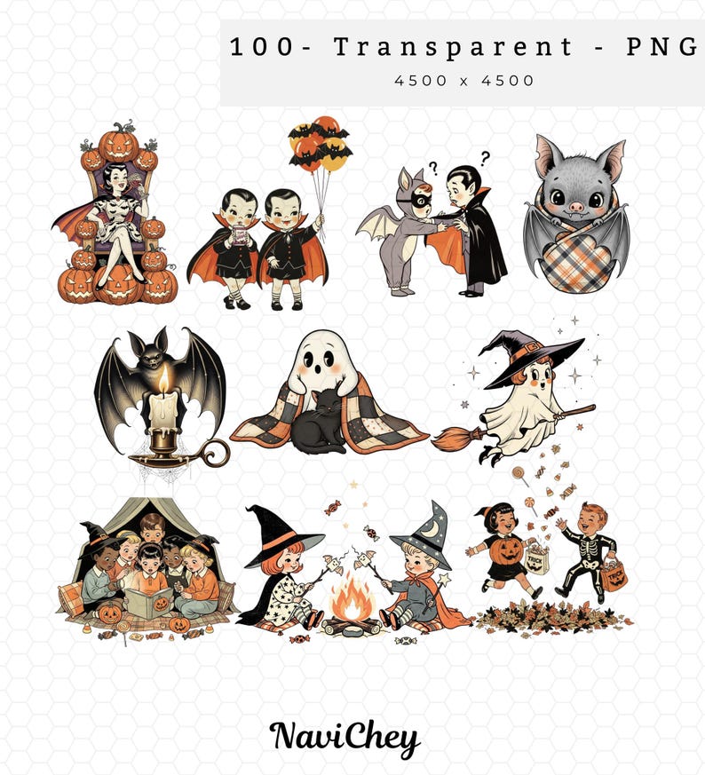 Vintage Halloween Clipart Bundle – 100 PNG Retro Ghosts, Witches ...