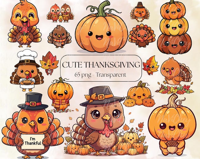 Kawaii Thanksgiving Cute Clipart Bundle Cute Fall Pumpkin Spice PNG ...