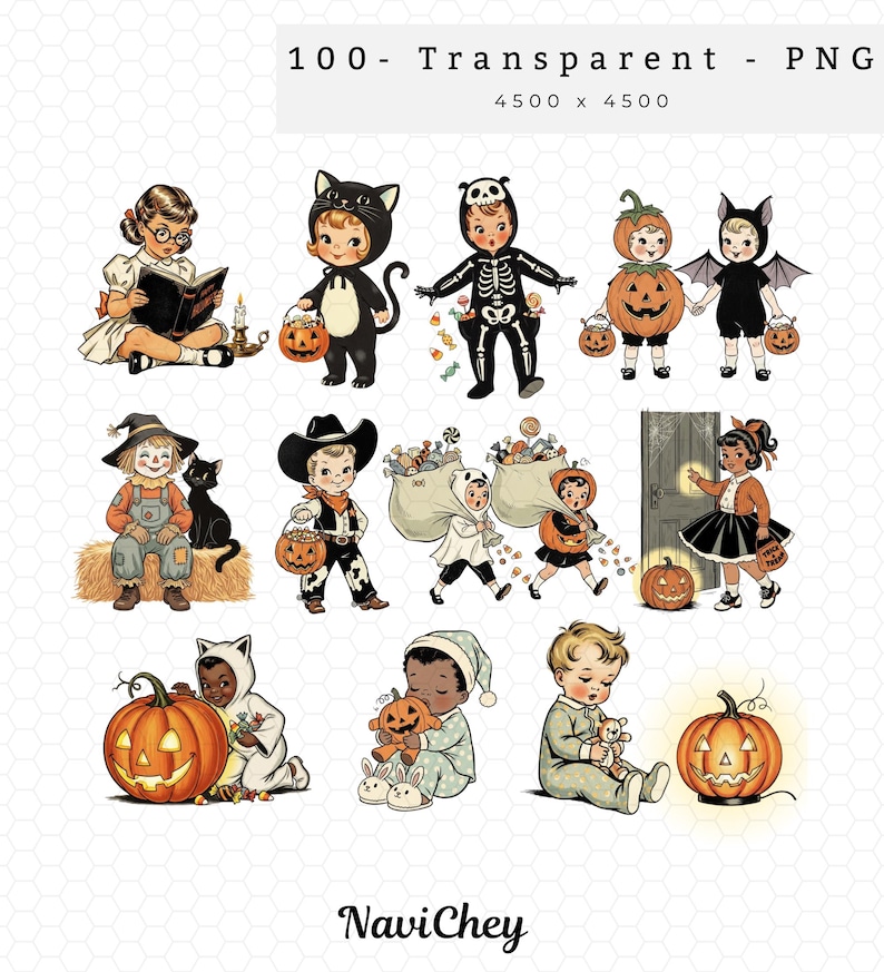 Vintage Halloween Clipart Bundle – 100 PNG Retro Ghosts, Witches ...