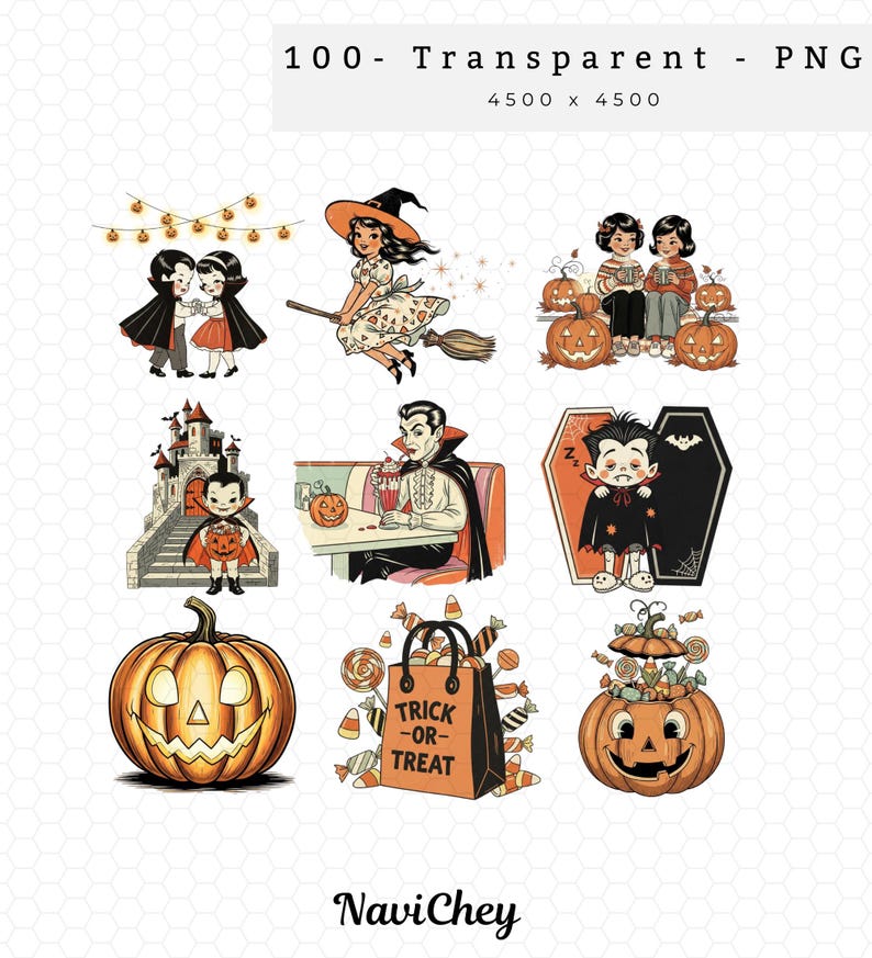 Vintage Halloween Clipart Bundle – 100 PNG Retro Ghosts, Witches ...