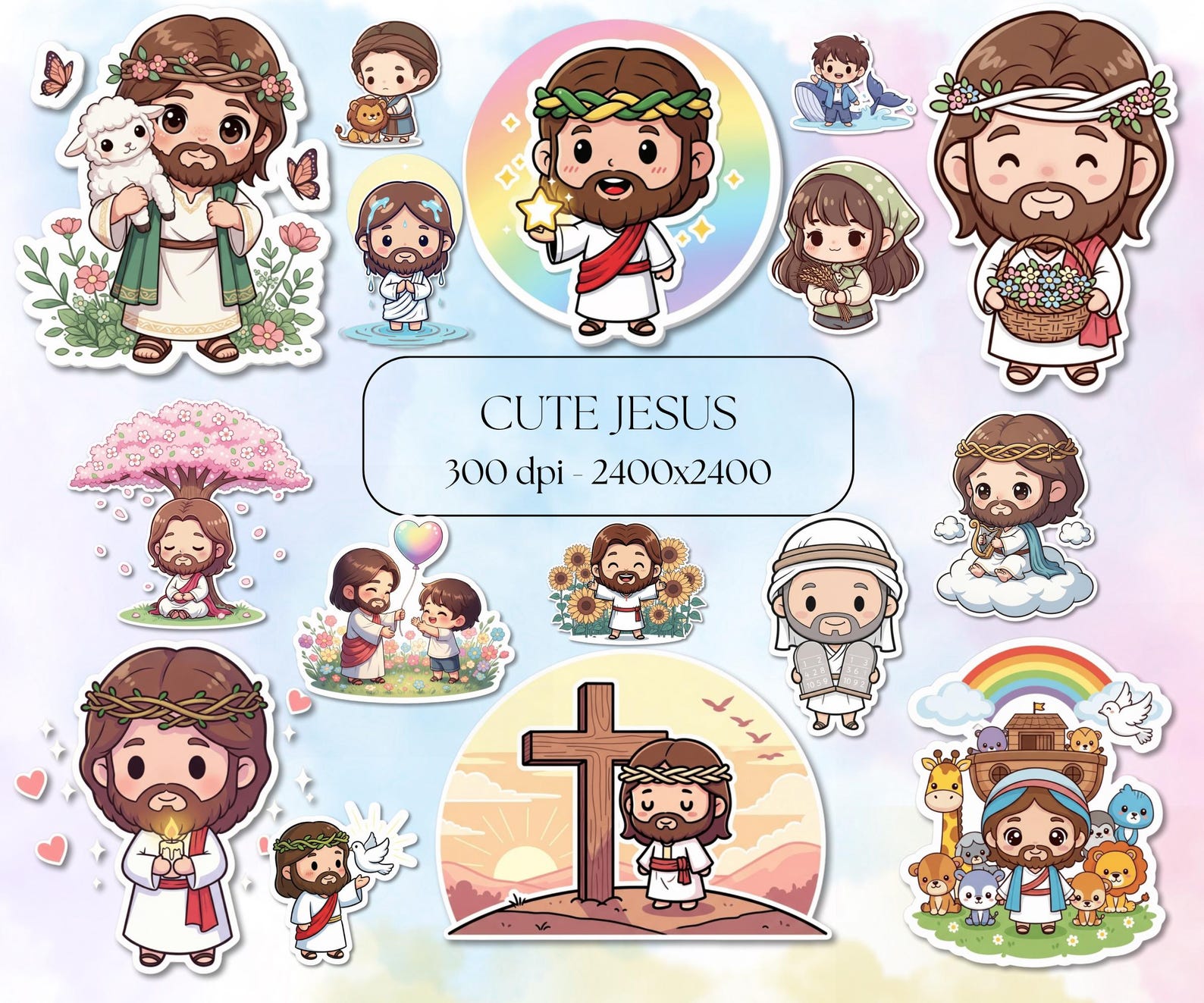 Kawaii Jesus Stickers Bundle: Pastel Chibi Christian Icons (PNG Digital ...