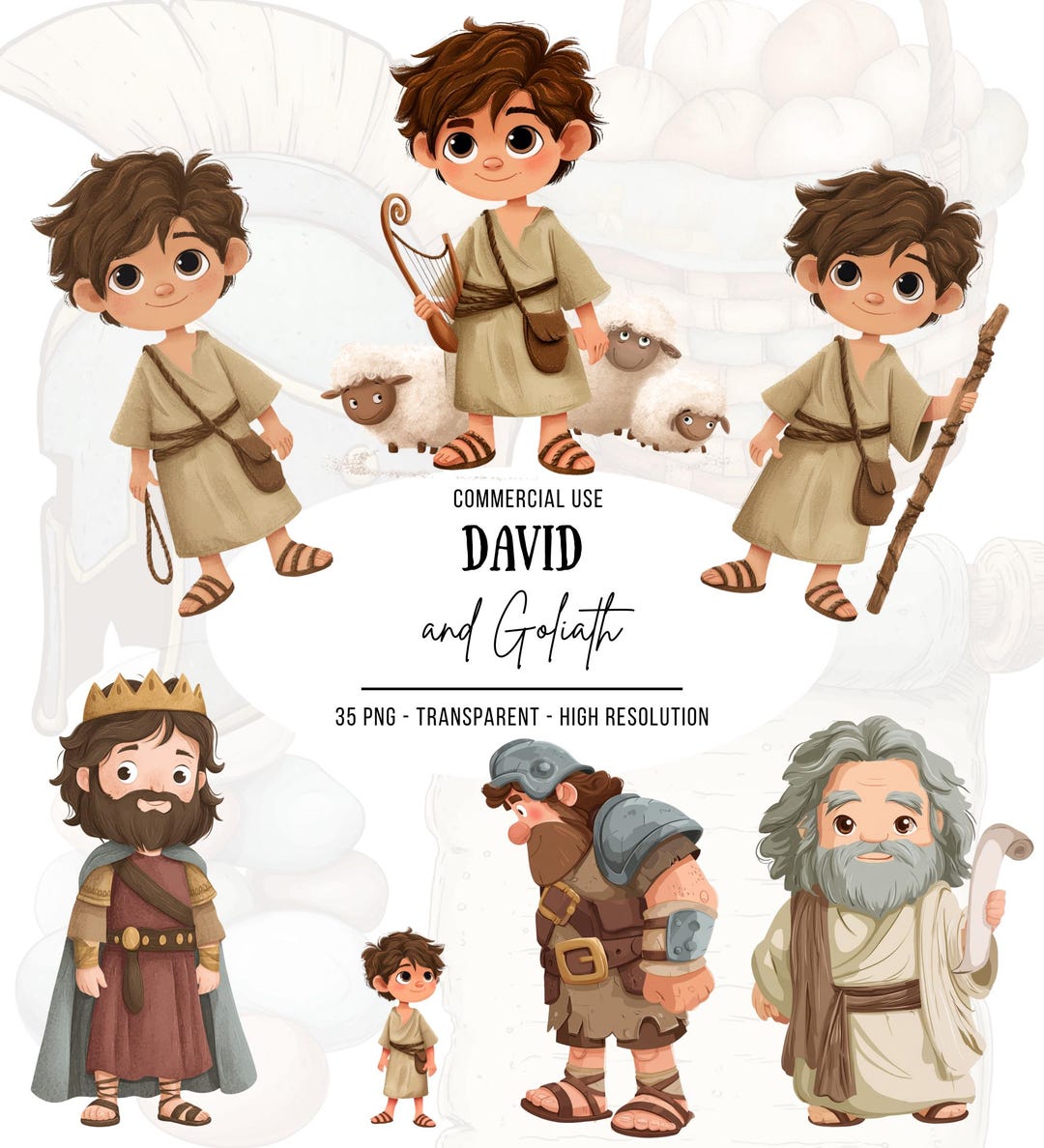 Bible Story Clipart Bundle – David and Goliath Characters, 35 PNG ...