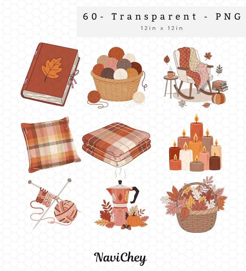 Cozy Autumn Clipart Set – 60 PNG Fall Doodles for Stickers ...