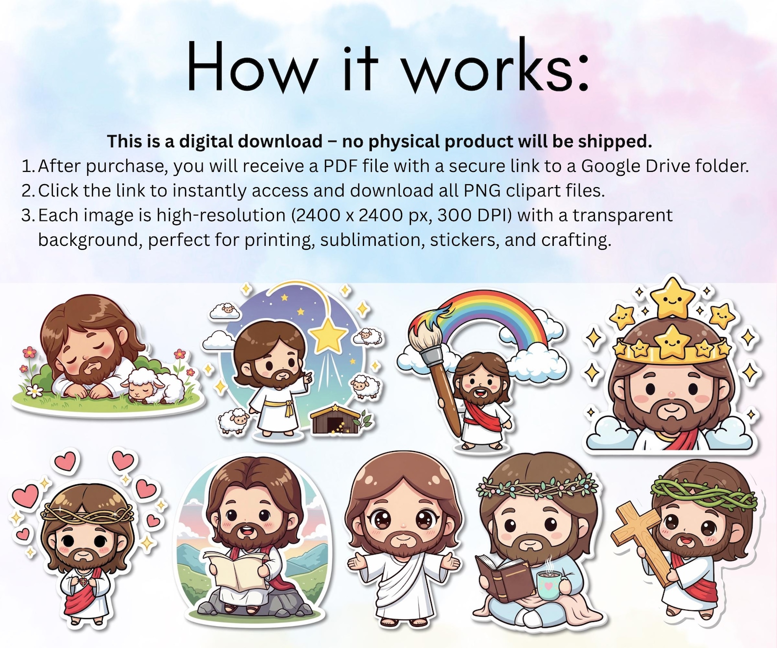 Kawaii Jesus Stickers Bundle: Pastel Chibi Christian Icons (PNG Digital ...