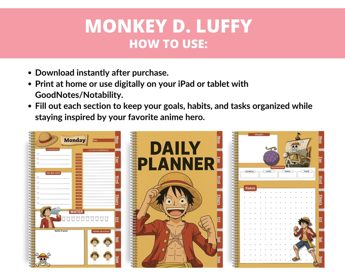 Monkey D. Luffy Daily Digital Planner | Anime One Piece Inspired ...
