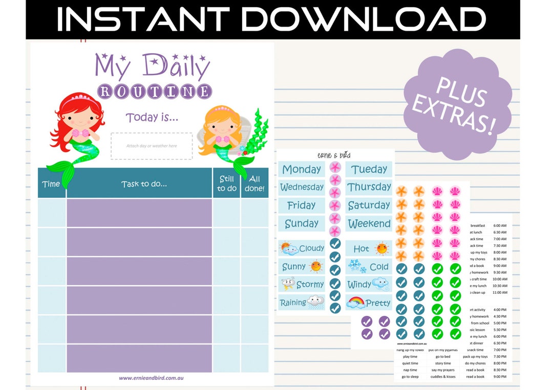Printable Daily Routine Chart Digital Download Mermaids by Ernie & Bird ...