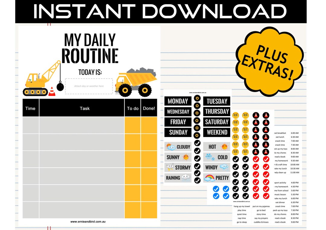 Printable Daily Routine Chart Digital Download Trucks Construction by ...