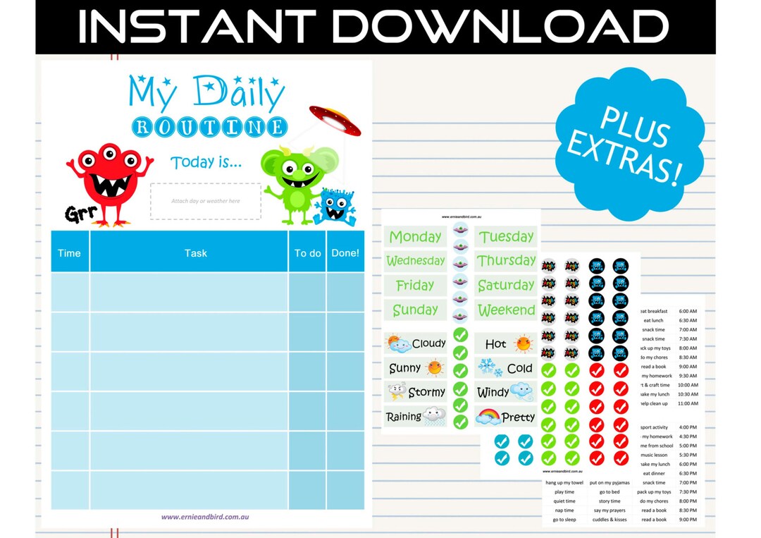 Printable Daily Routine Chart Digital Download Monsters Vs Aliens by ...