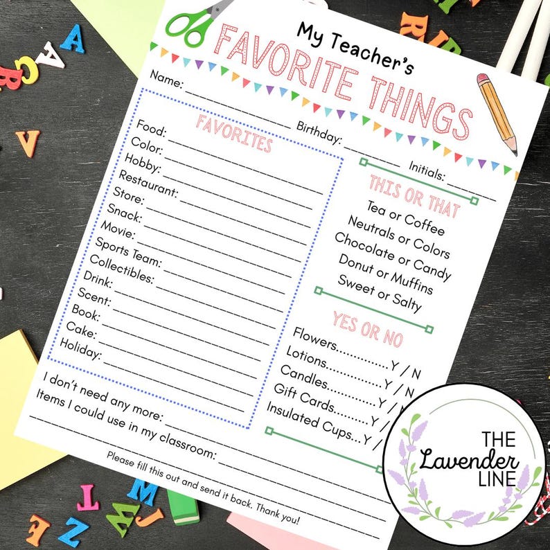Teacher's Favorite Things, Printable, Instant Download, Teacher Gift ...