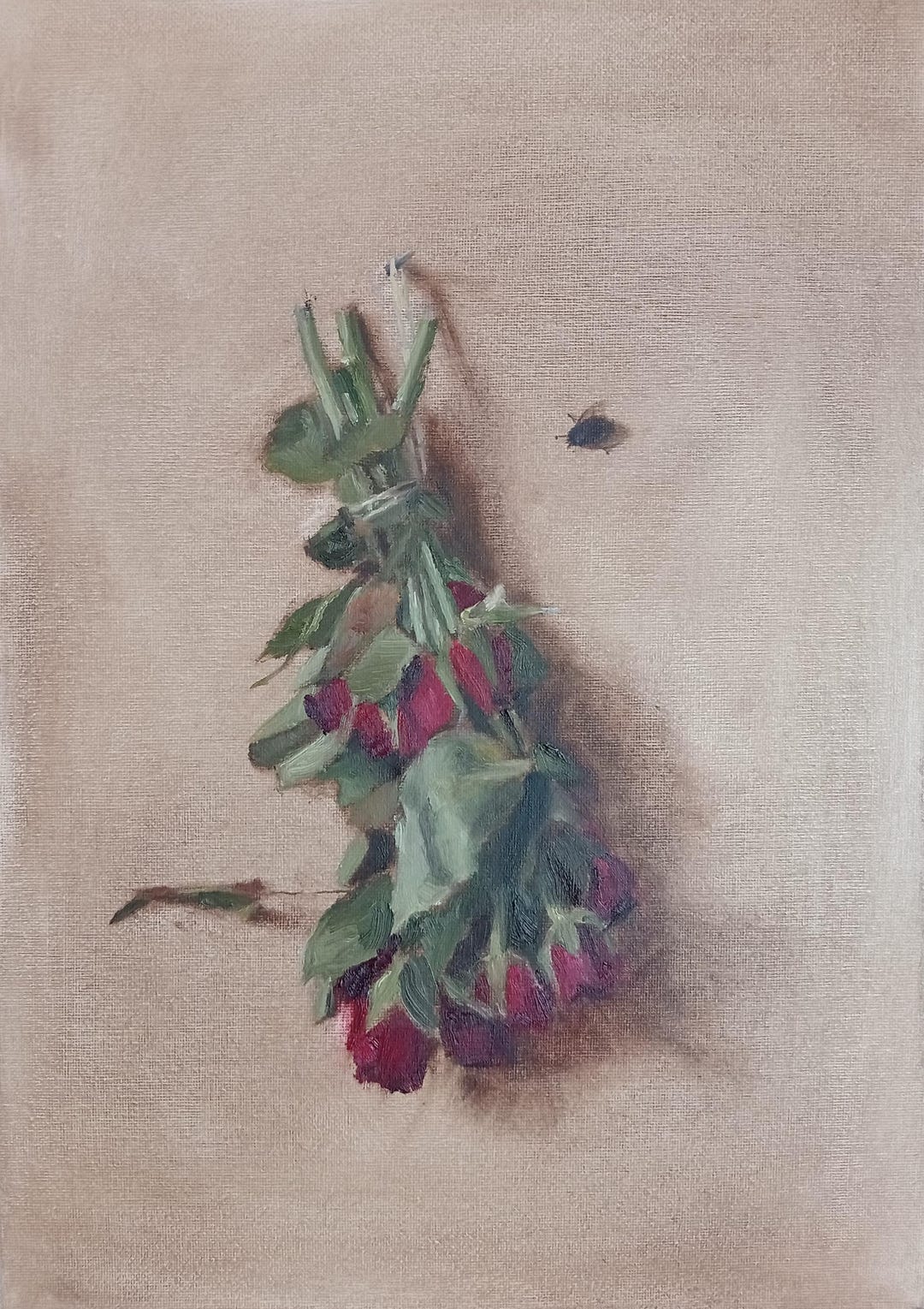 Oil Painting of Hanging Roses With Fly, Realistic Still Life Floral Art ...