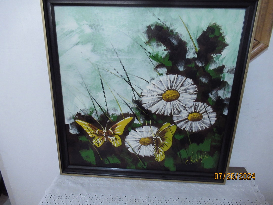 Vintage Mcm Mod C. Roberts Painting on Moard Framed Daisy Butterfly ...