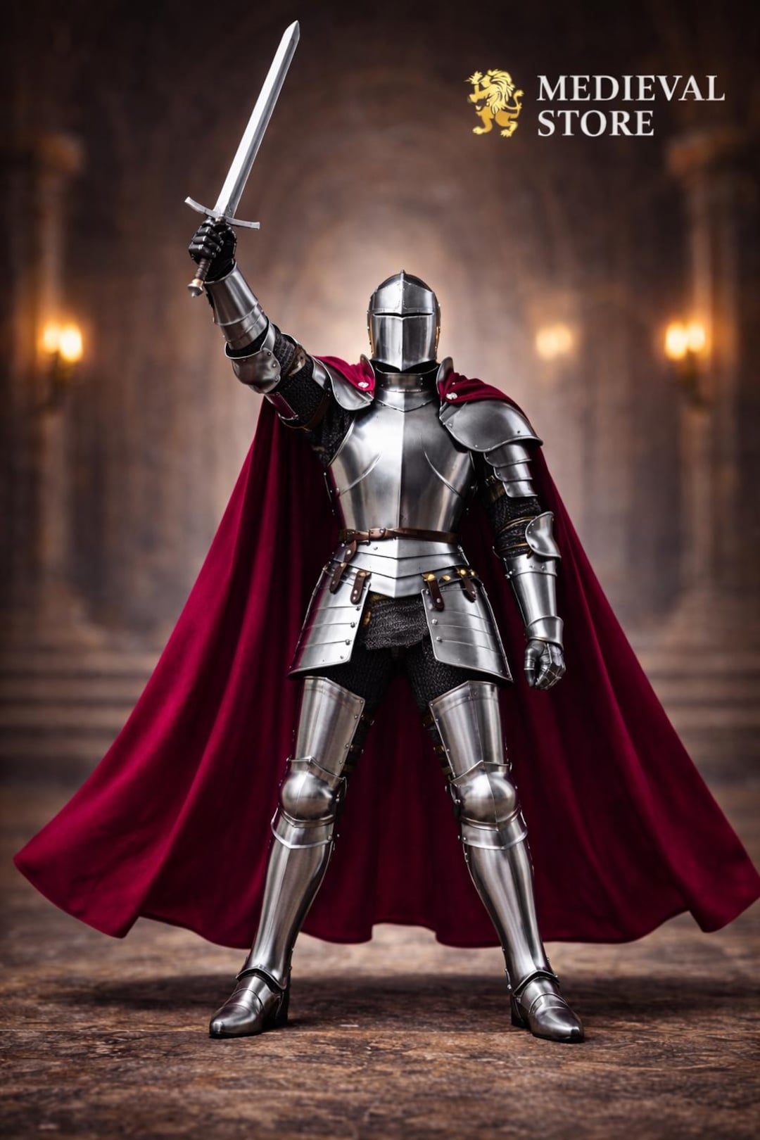 Full Body Medieval Knight Armor Suit With Red Cape & Sword – Polished ...