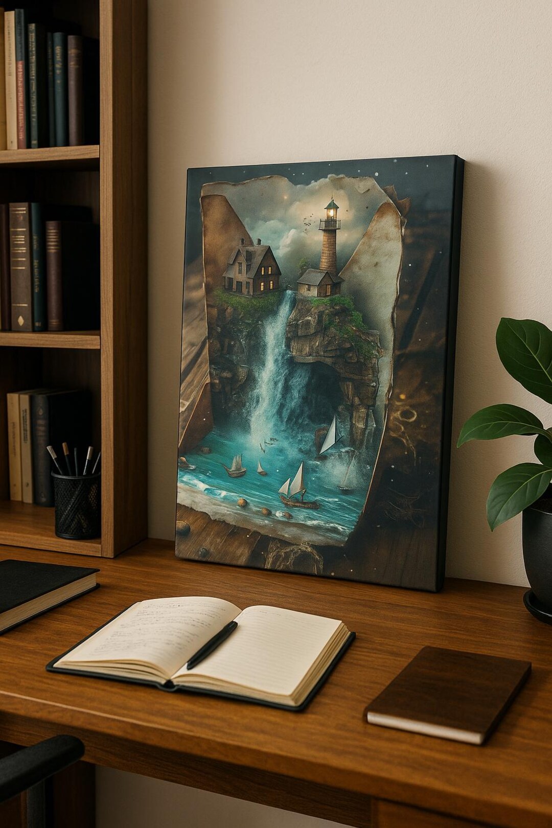 Surreal Lighthouse Waterfall Canvas Wall Art - Fantasy Ocean Landscape ...