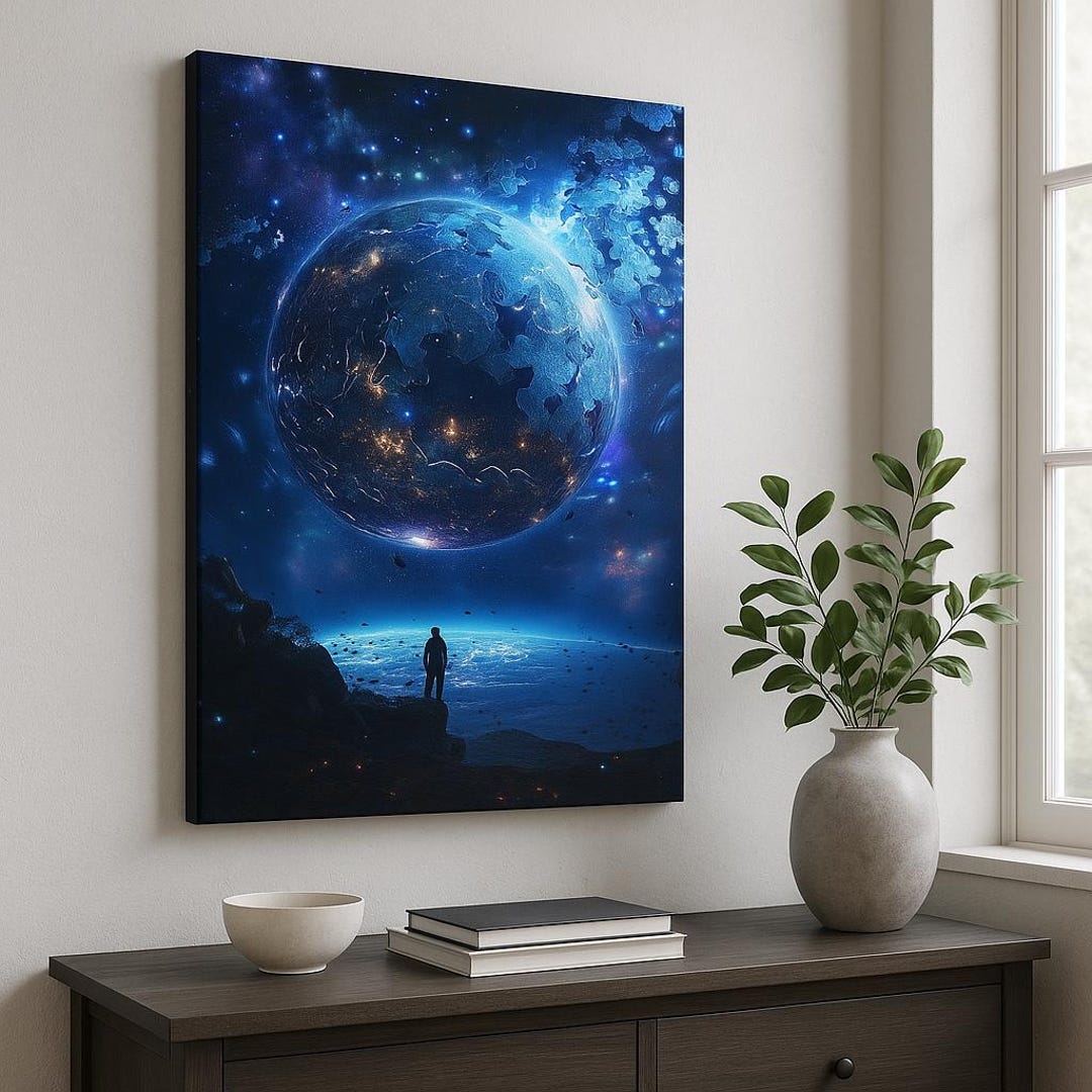 Cosmic Puzzle World Canvas Wall Art - Surreal Galaxy Fantasy Artwork ...