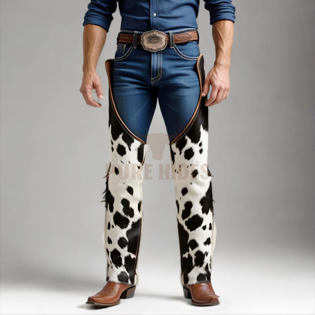 Genuine Cowhide Leather Chaps for Men – Handmade Black & White Western ...