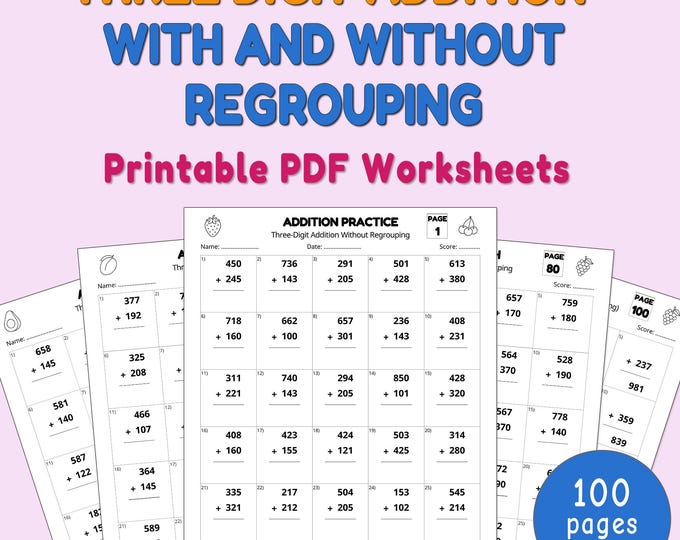 Three Digit Addition With and Without Regrouping Worksheets - Etsy Canada