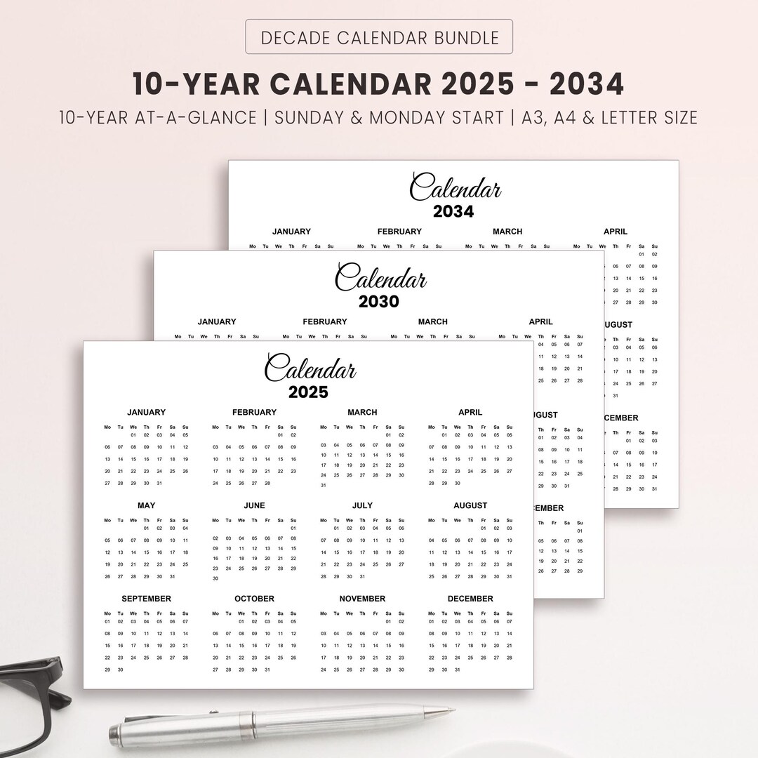 10-year Calendar 2025–2034 | Yearly View Calendar | 10 Years Wall ...
