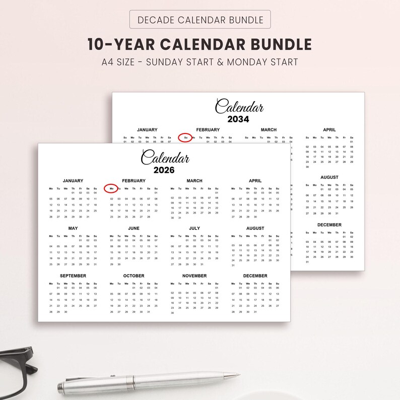 10-year Calendar 2026–2035 | Yearly View Calendar | 10 Years Wall ...