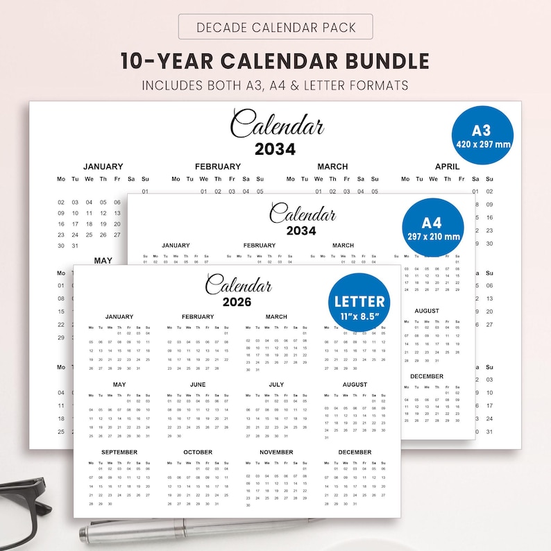 10-year Calendar 2026–2035 | Yearly View Calendar | 10 Years Wall ...