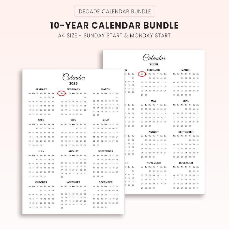 10-year Calendar 2025–2034 | Yearly View Calendar | Calendar Sunday ...