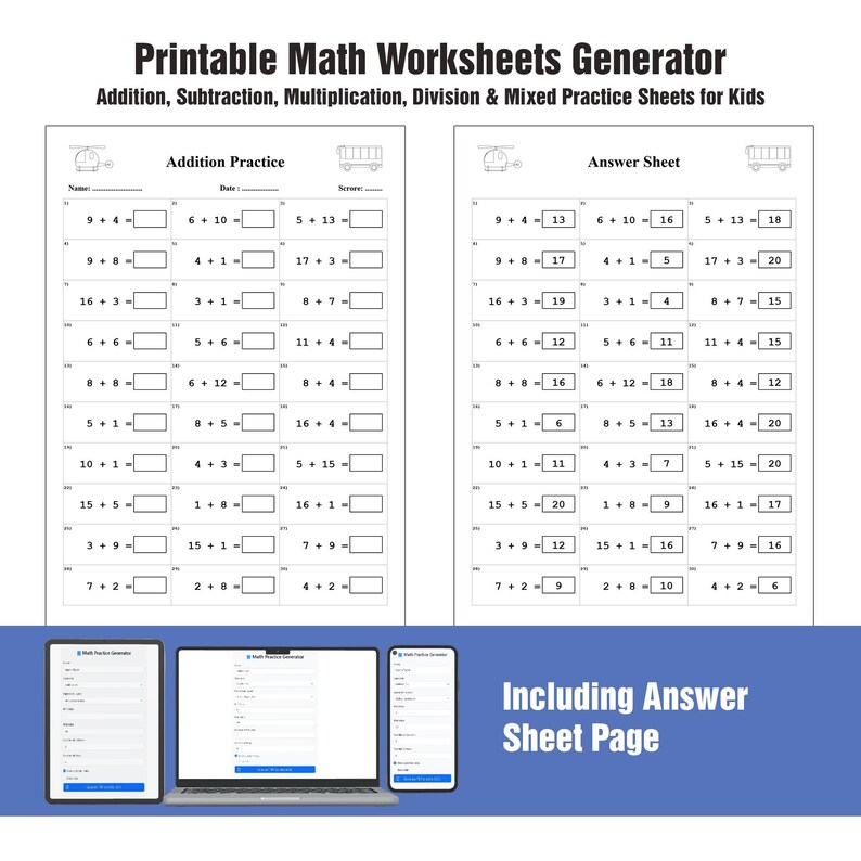 Printable Math Worksheets Generator – Addition, Subtraction ...