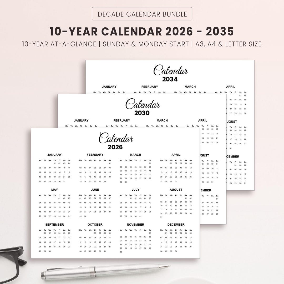 10-year Calendar 2026–2035 | Yearly View Calendar | 10 Years Wall ...