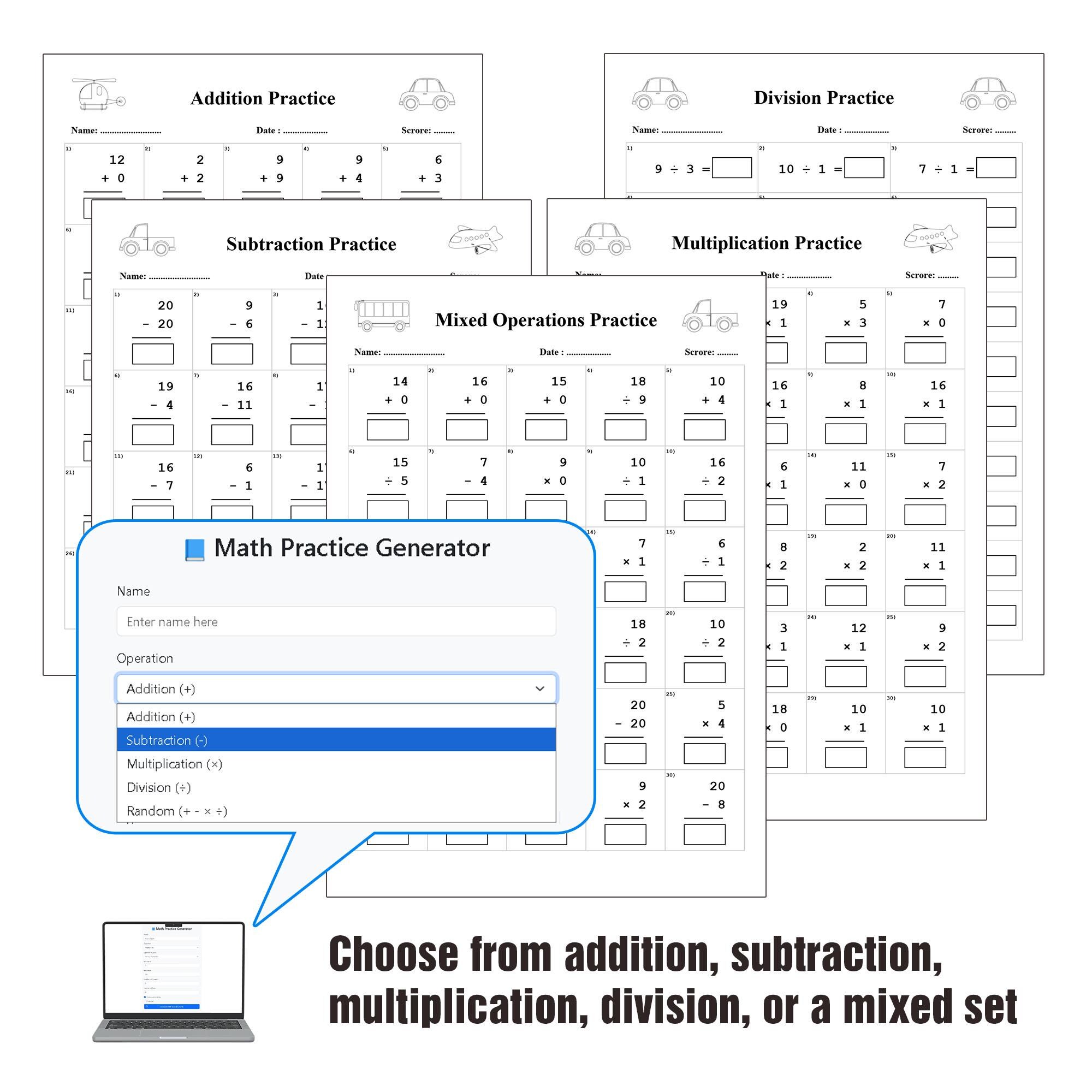 Printable Math Worksheets Generator – Addition, Subtraction ...