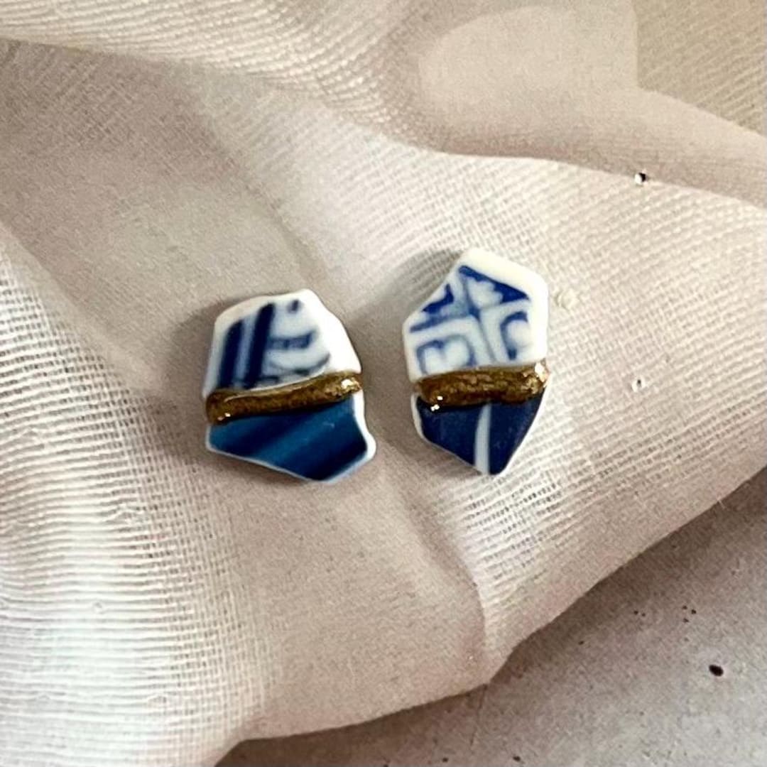 Kintsugi Sea Pottery Earrings – Indigo Ivory Japanese Earthenware, Gold ...