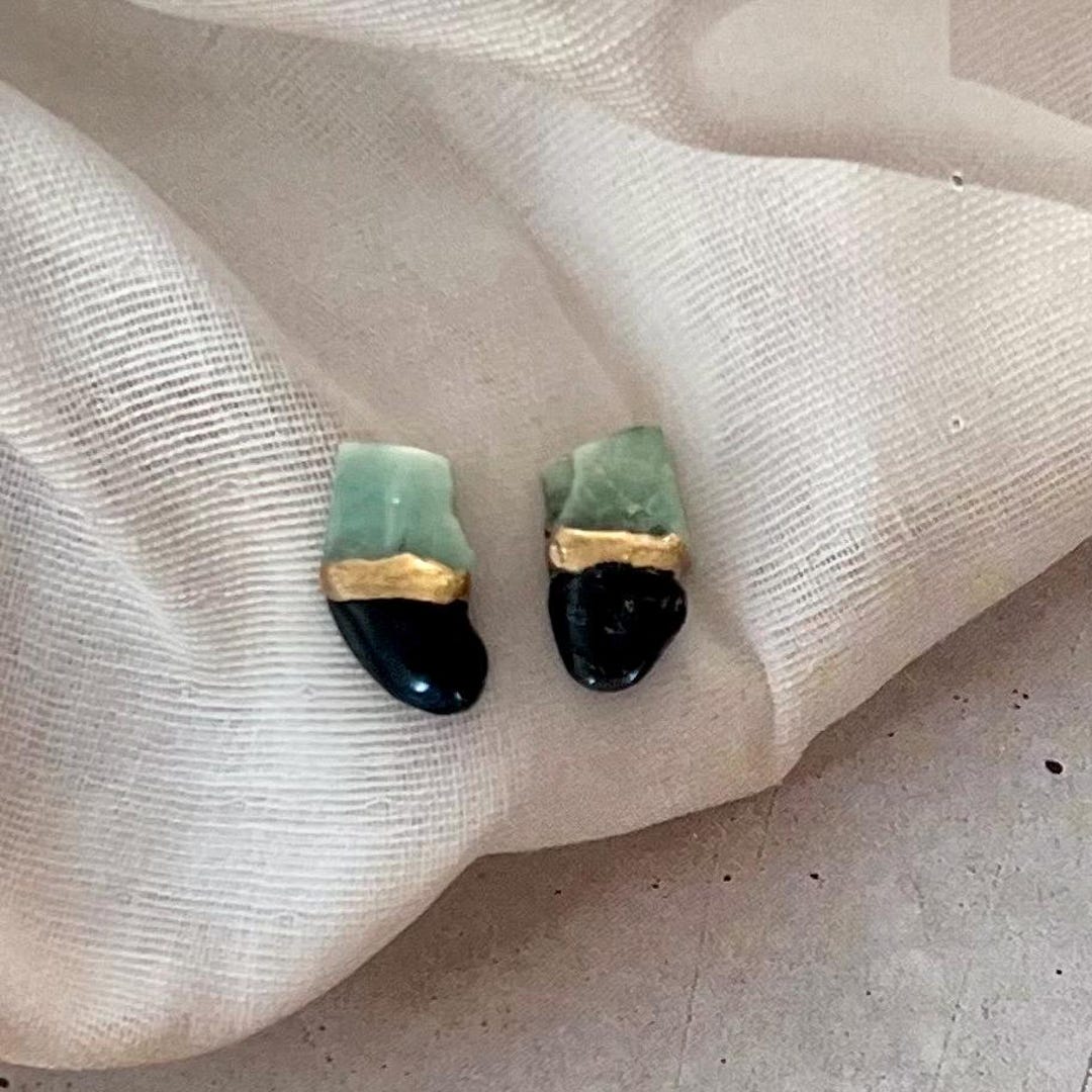 Emerald & Obsidian Kintsugi Earrings | Japanese Kintsugi Jewelry | Wabi ...