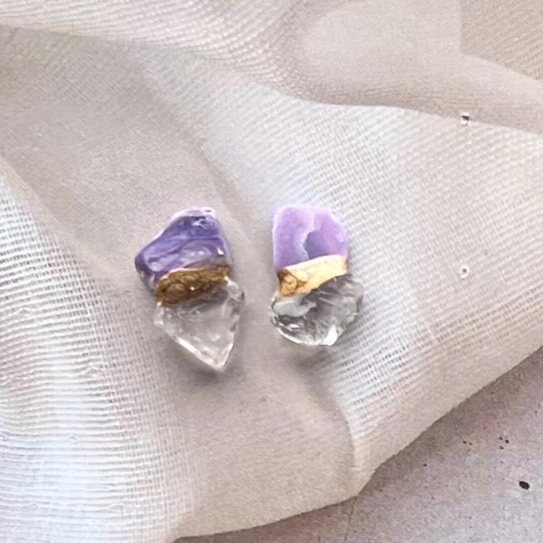 Kintsugi Charoite& Clear Quartz Earrings Handmade in Japan / One of a ...