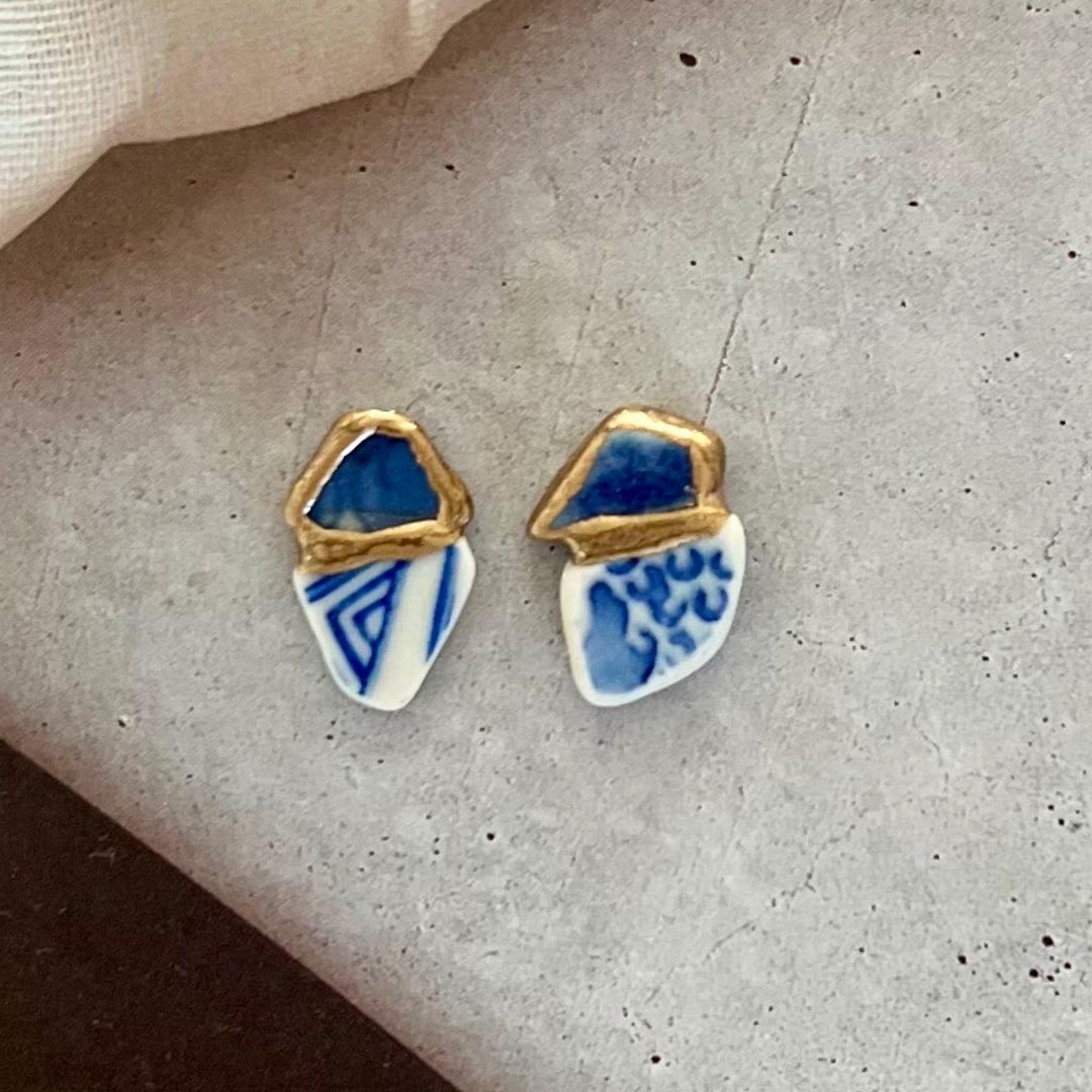 Kintsugi Sea Pottery Earrings Blue Ceramic | One of a Kind Handmade in ...