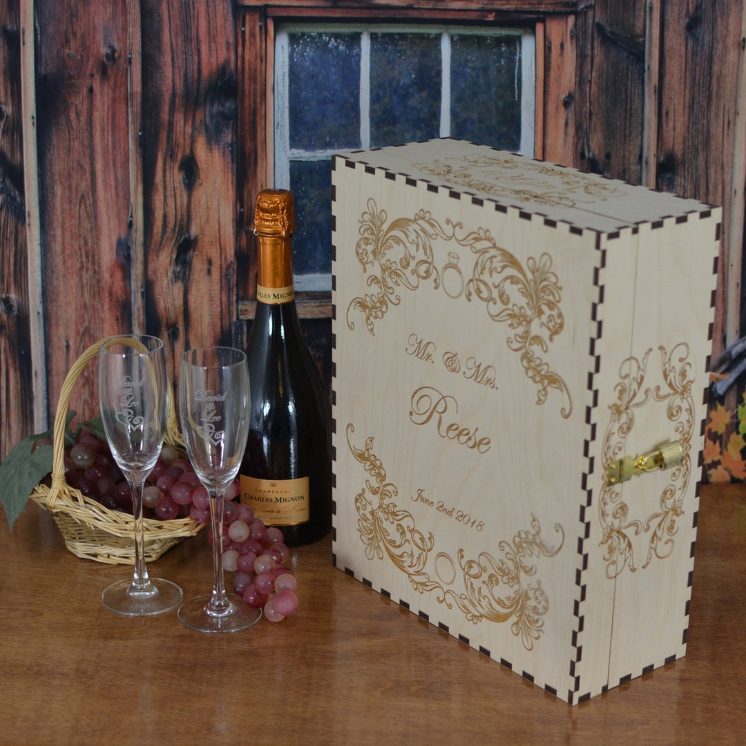 Elegant Wood Champagne Gift Box With 2 Etched Crystal Flutes - Etsy
