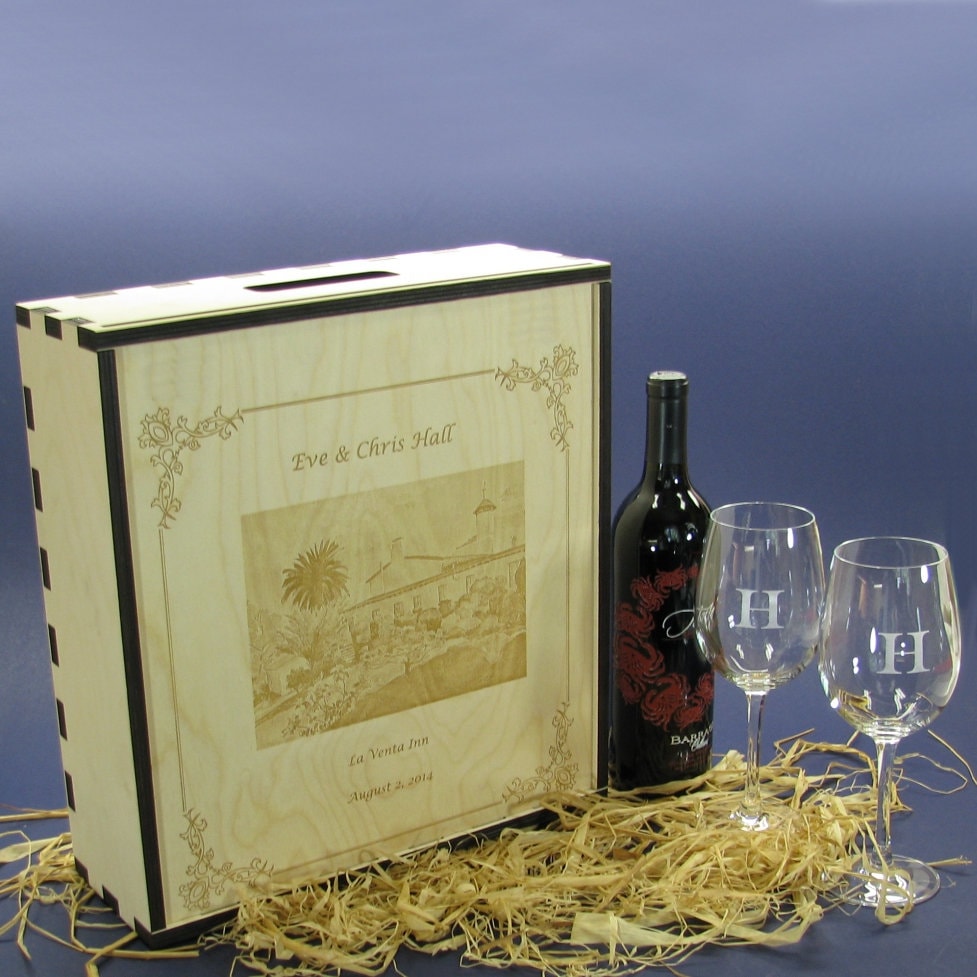 Personalized Winery Style Wood Wine Box Set With 2 Crystal Wine Glasses