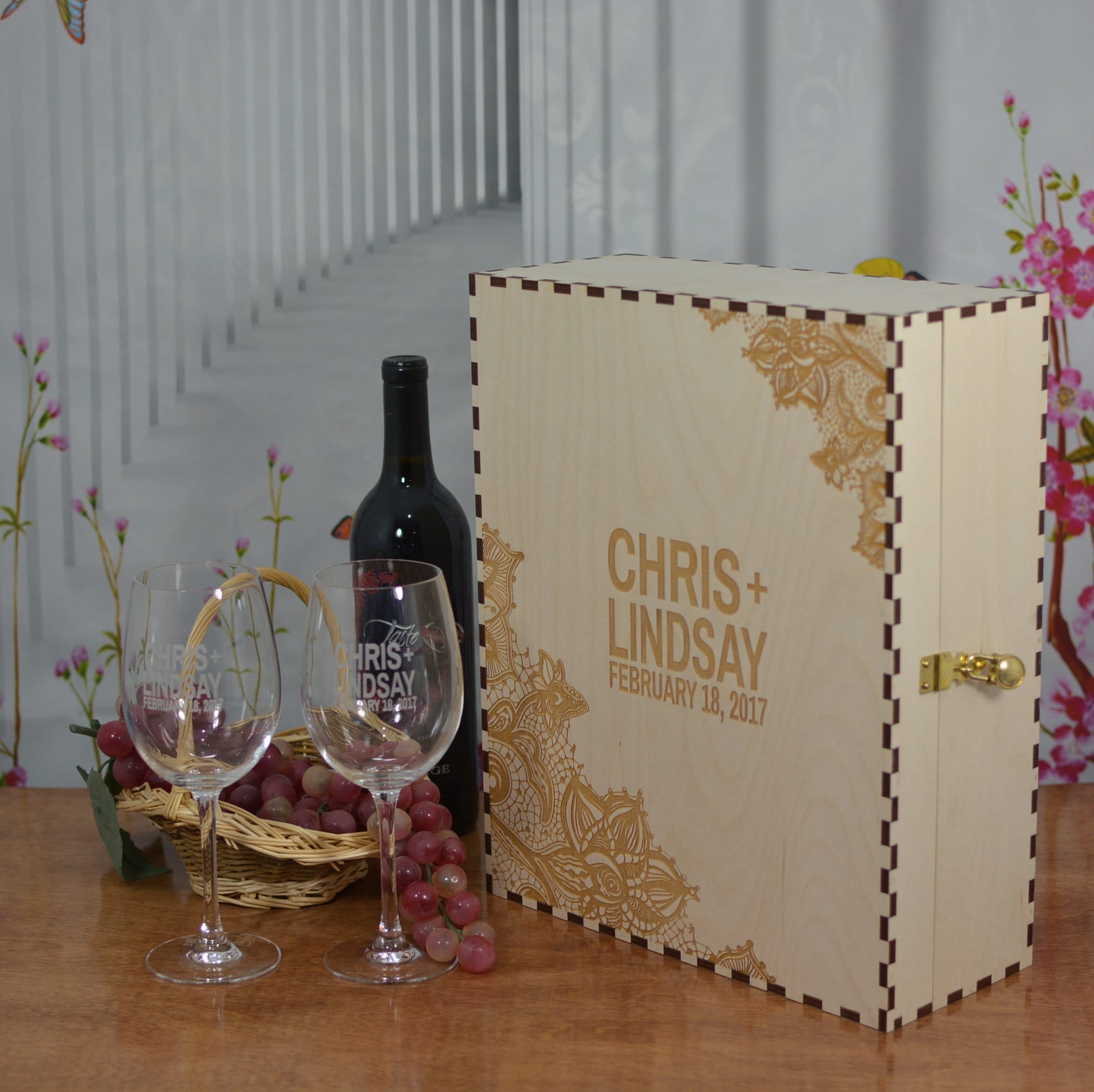Ceremony Wedding Wood Wine T Box With 2 Personalized 16 Oz Crystal Wine Glasses 2 Keepsake