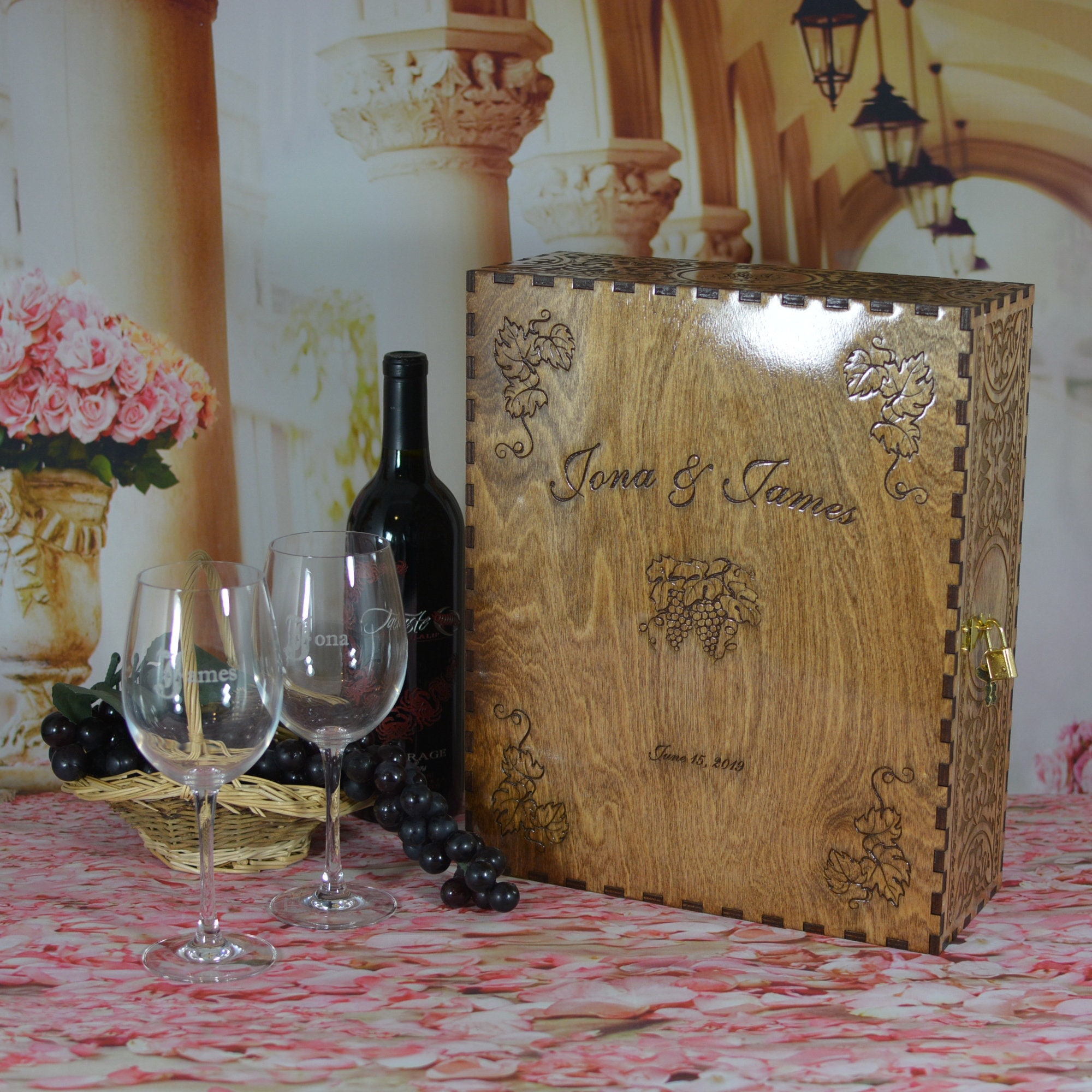 Wedding Ceremony Wood Wine Box Set With Padlock And Keys And 2