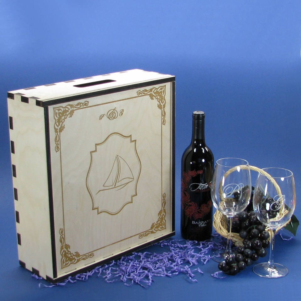 Personalized Winery Style Wood Wine Box Set With 2 Crystal Etsy