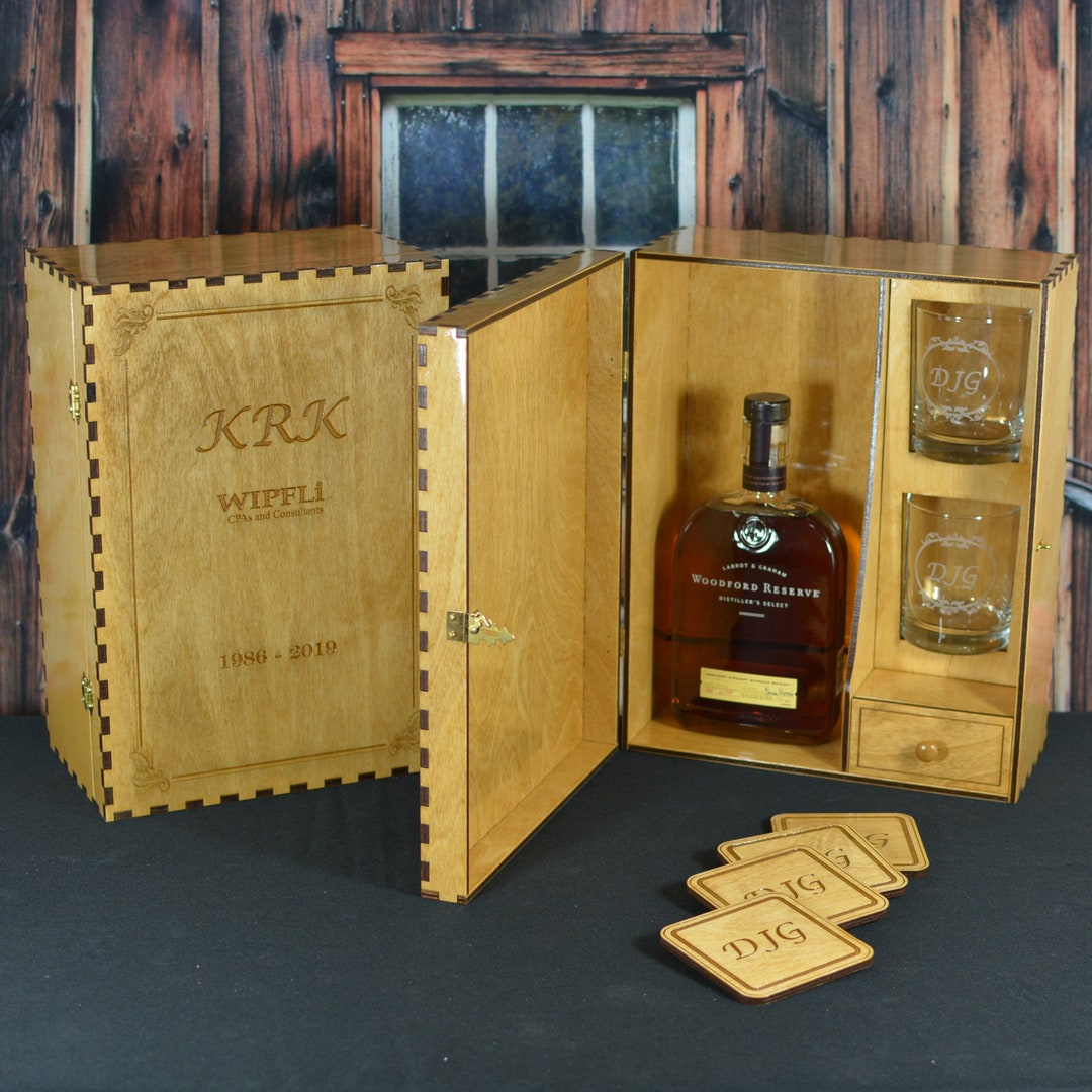 Personalized Liquor Spirits Box Gift Set With 2 Custom Etched Glasses ...
