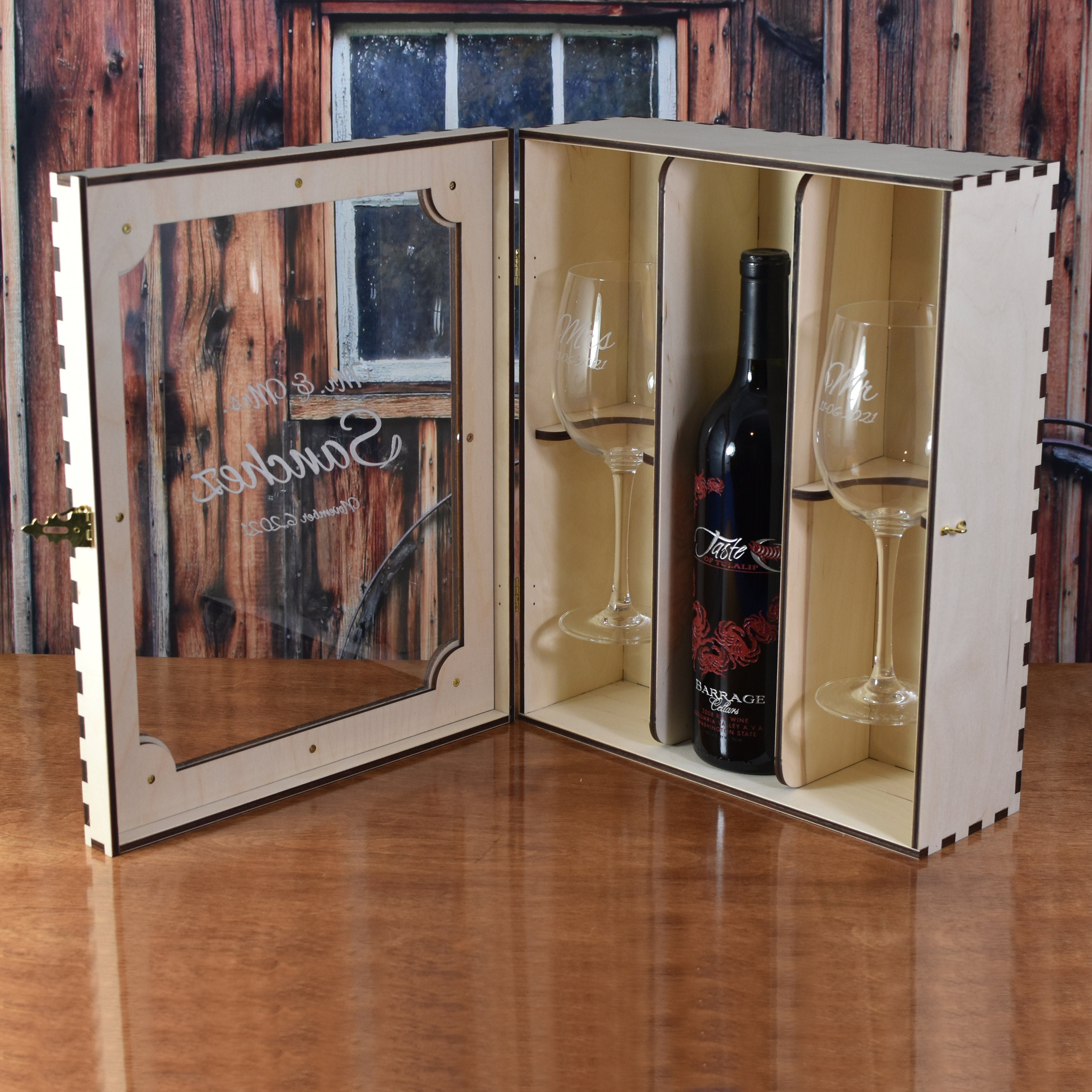 Personalized Wood Wine Box Set With Clear Acrylic Front Cover And 2