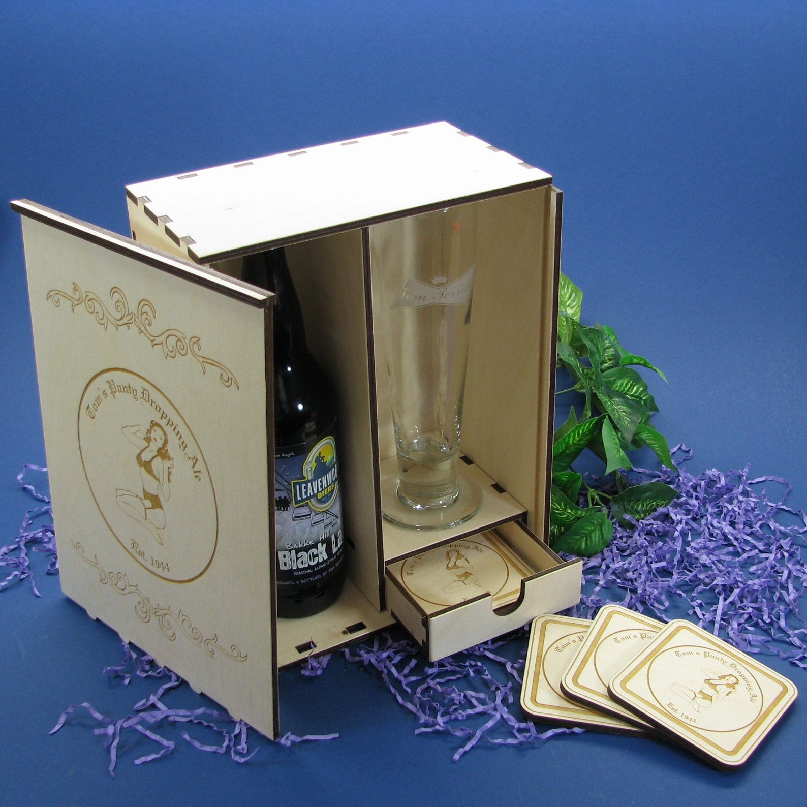 Custom Engraved Wood Beer Gift Box with Custom Etched Glass | Etsy