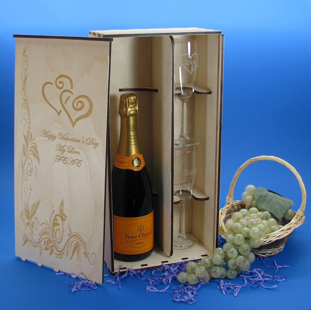 Wood Champagne Gift Box for a 750ml or 1.5L Bottle With 2 Custom Etched ...