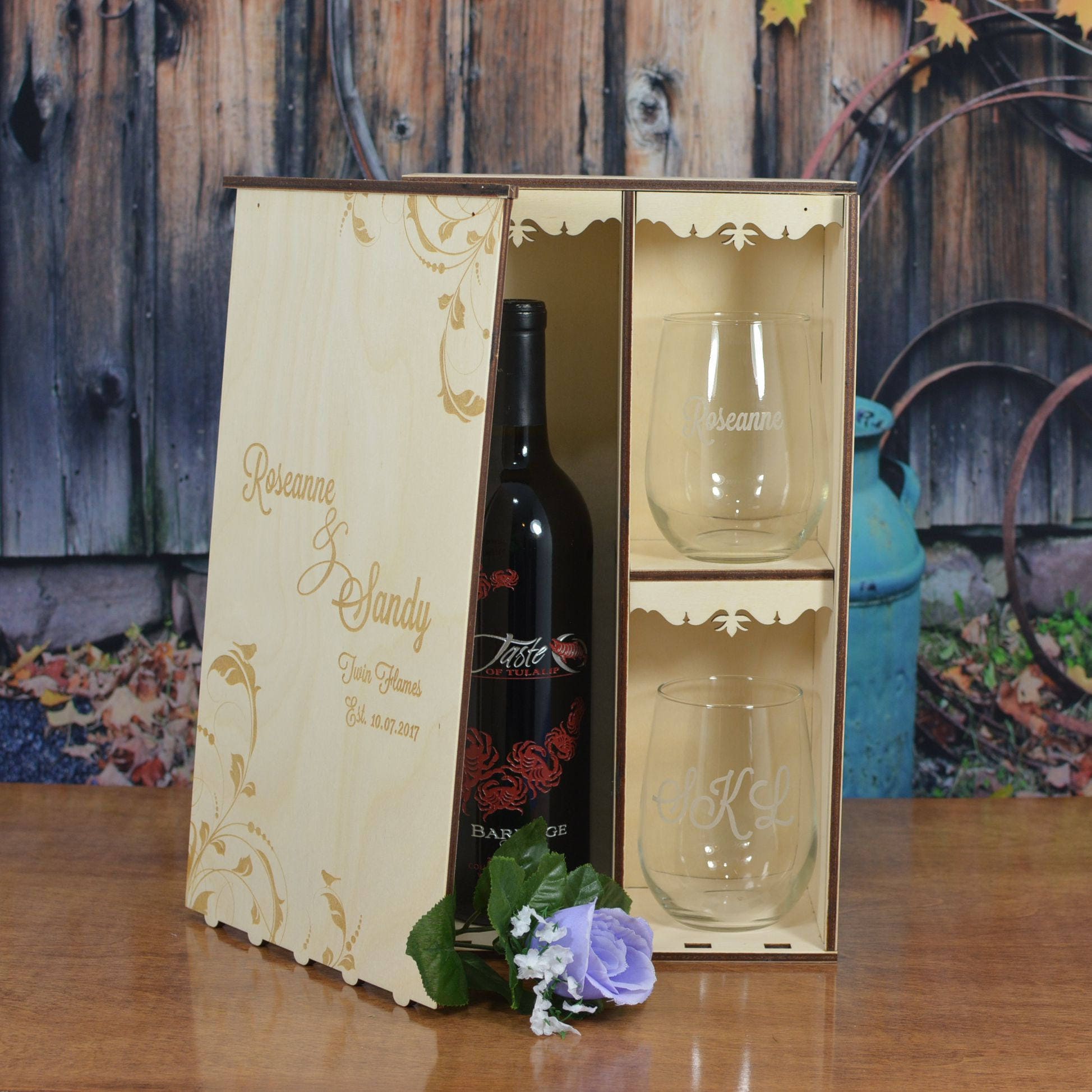 Personalized Wedding Ceremony Wine Box With 2 Stemless Wine Glasses